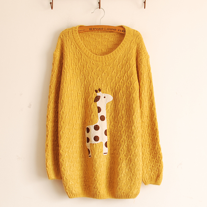 Beige Super Adorable Cartoon Giraffe Loose Pullover Sweater on Luulla