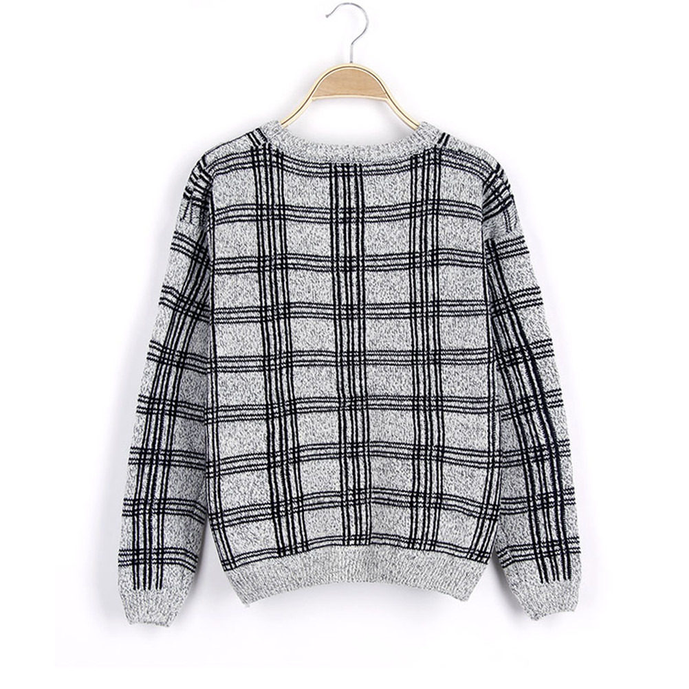 Women's Round Collar Long Sleeves Checkerboard Pattern Sweater on Luulla