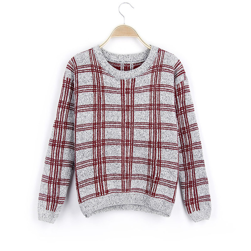 Women's Round Collar Long Sleeves Checkerboard Pattern Sweater on Luulla
