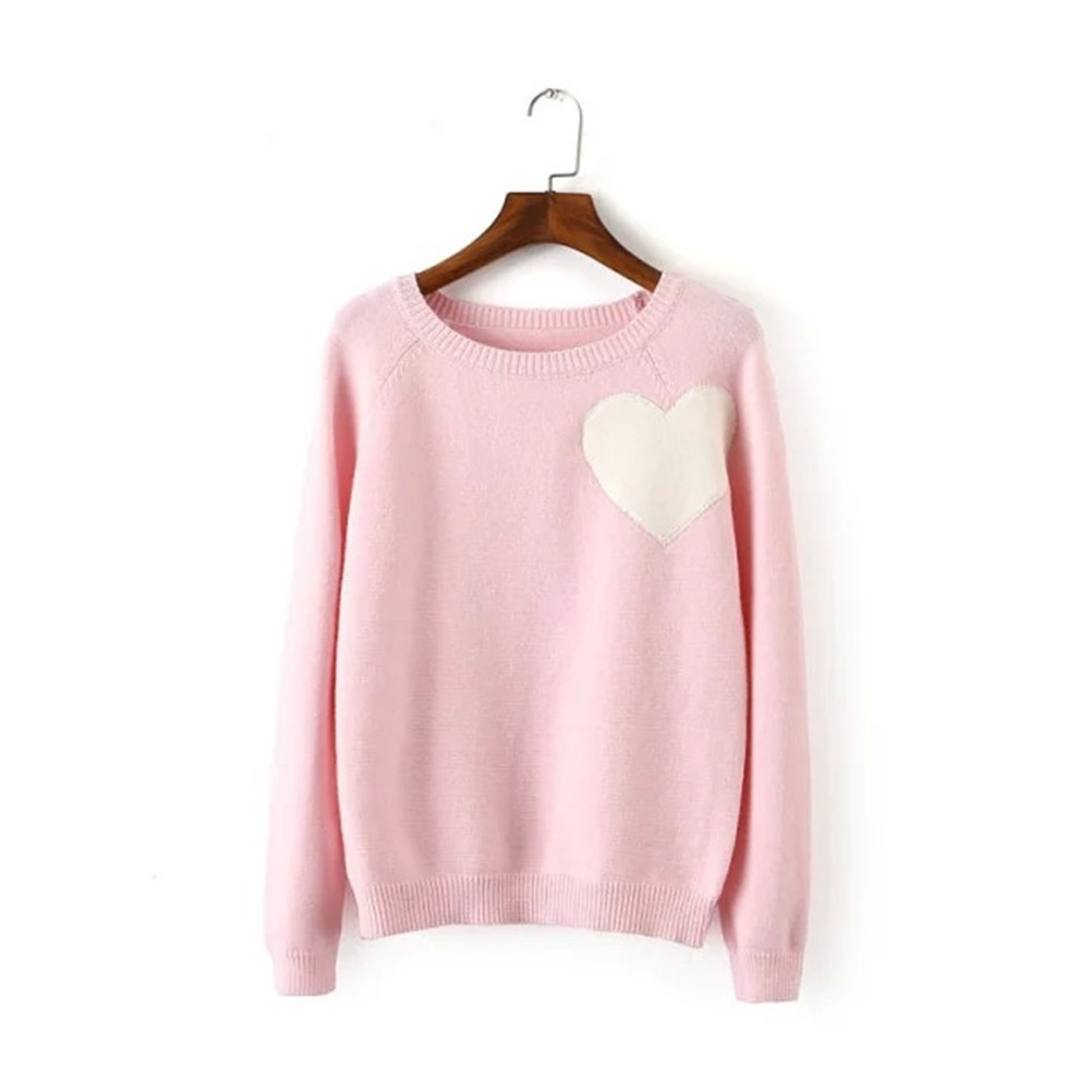Women's Round Collar Long Sleeves Cute Heart Pattern Sweater on Luulla