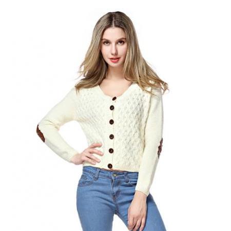 Women's Buttons Front Round Neck Sweater With Round Elbow Patches ...